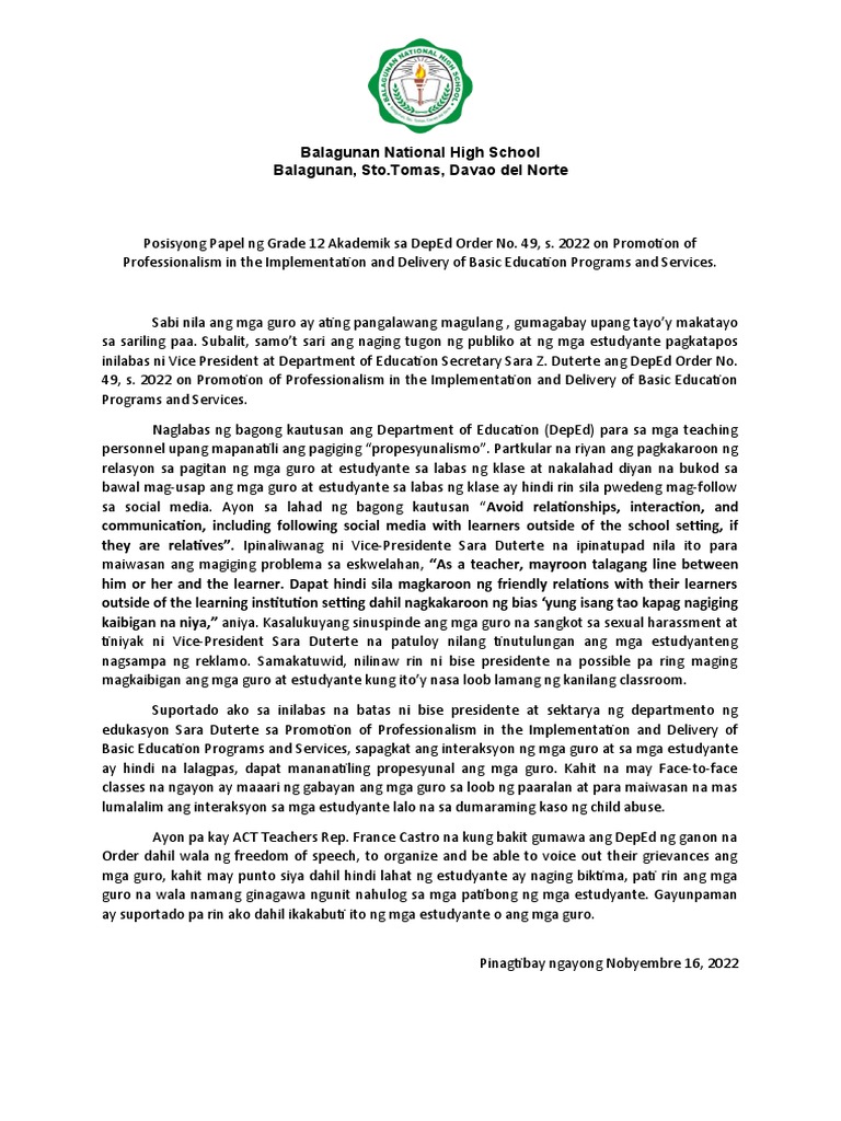 DepEd Order No. 49, S. 2022 - Posisyong Papel | PDF