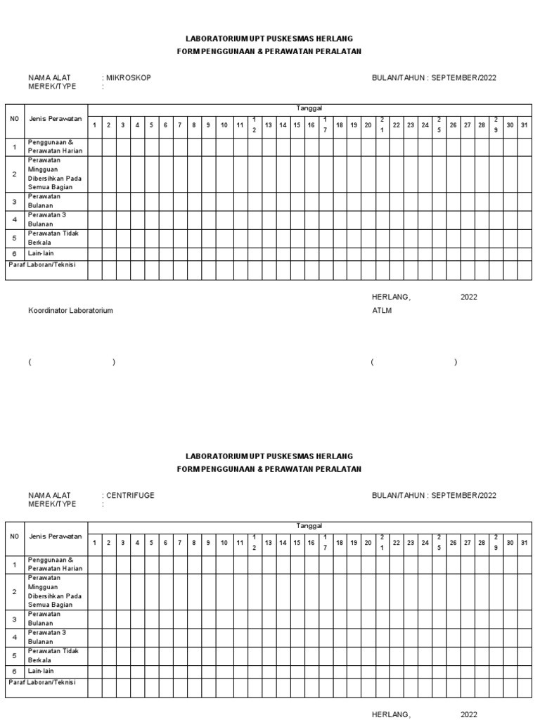 Form Ceklis Perawatan Peralatan | PDF