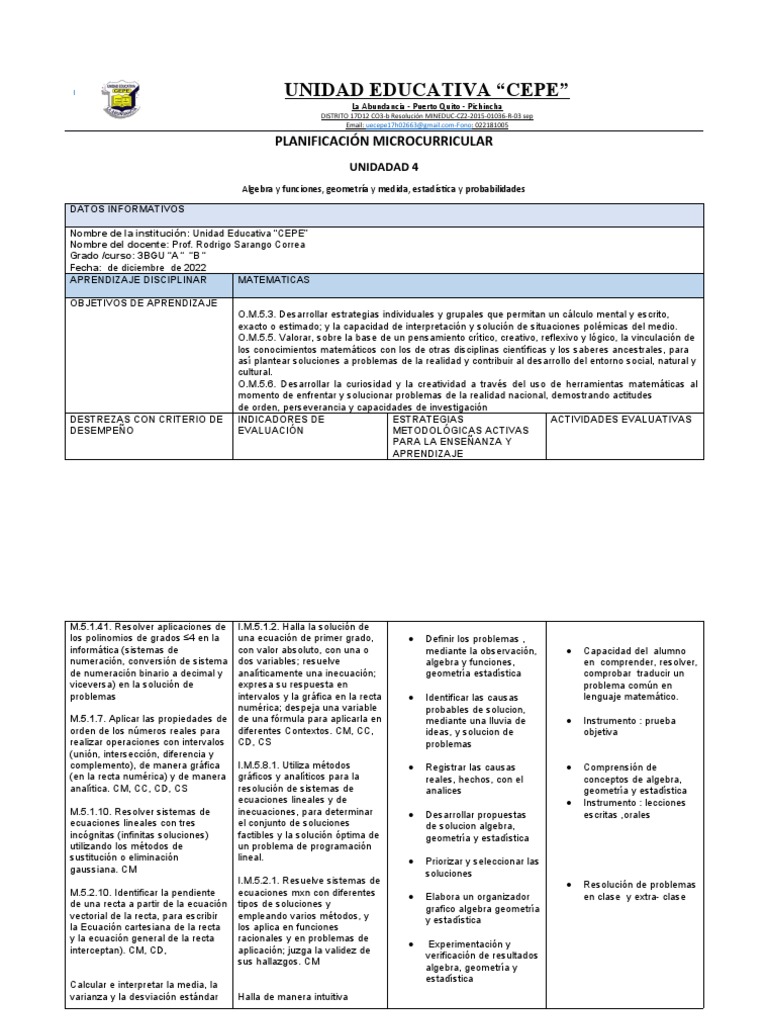 4 Unidad 3 Semanas Diciembre 3RO BACHILLERATO | PDF | Ecuaciones | Números