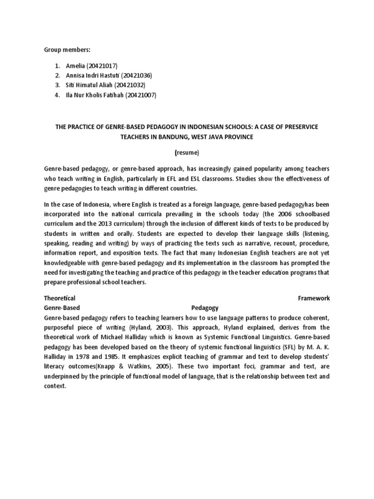 A Resume of The Practice of Genre-Based Pedagogy in Indonesian Schools ...