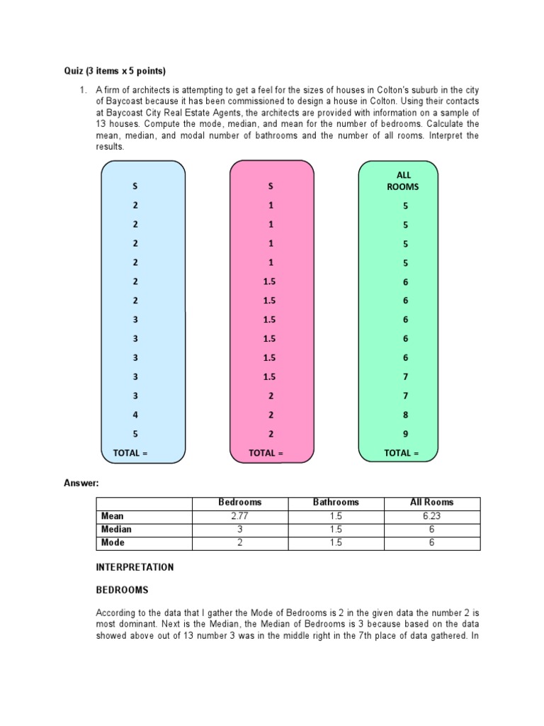 08 Quiz 1-BS | PDF | Mean | Median