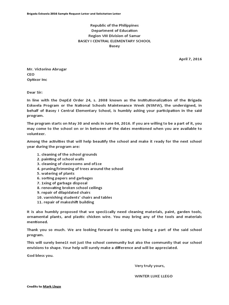 Brigada Eskwela Sample Request Letter and Solicitation Letter | PDF