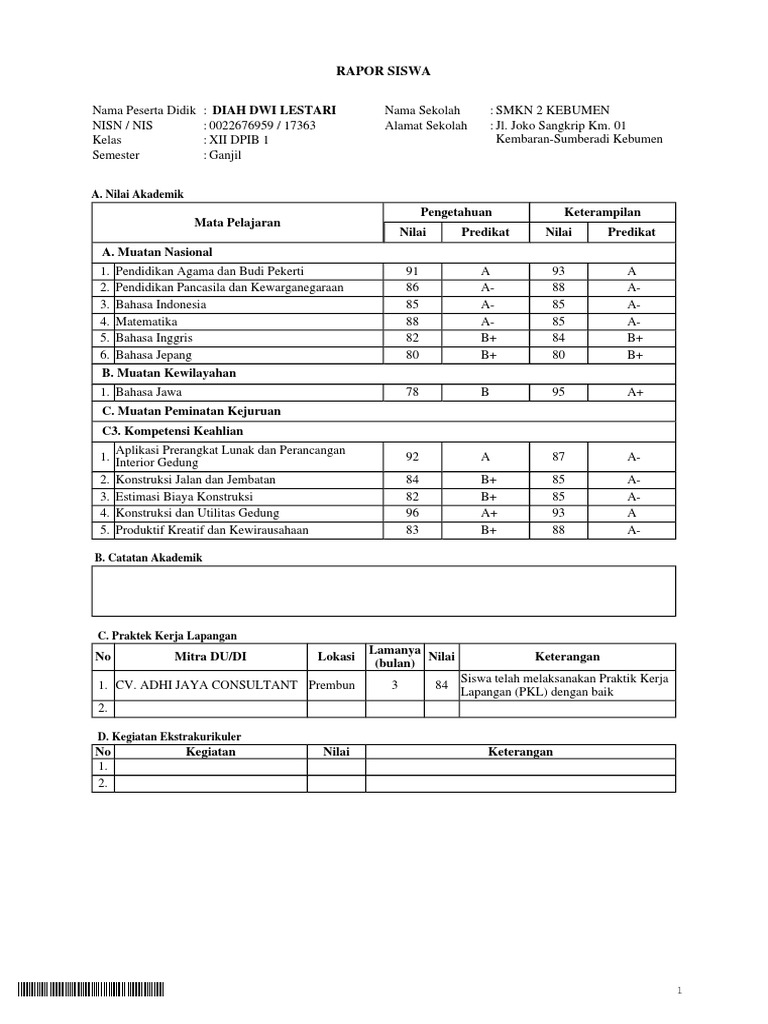Rapor Akademik Diah Dwi Lestari | PDF