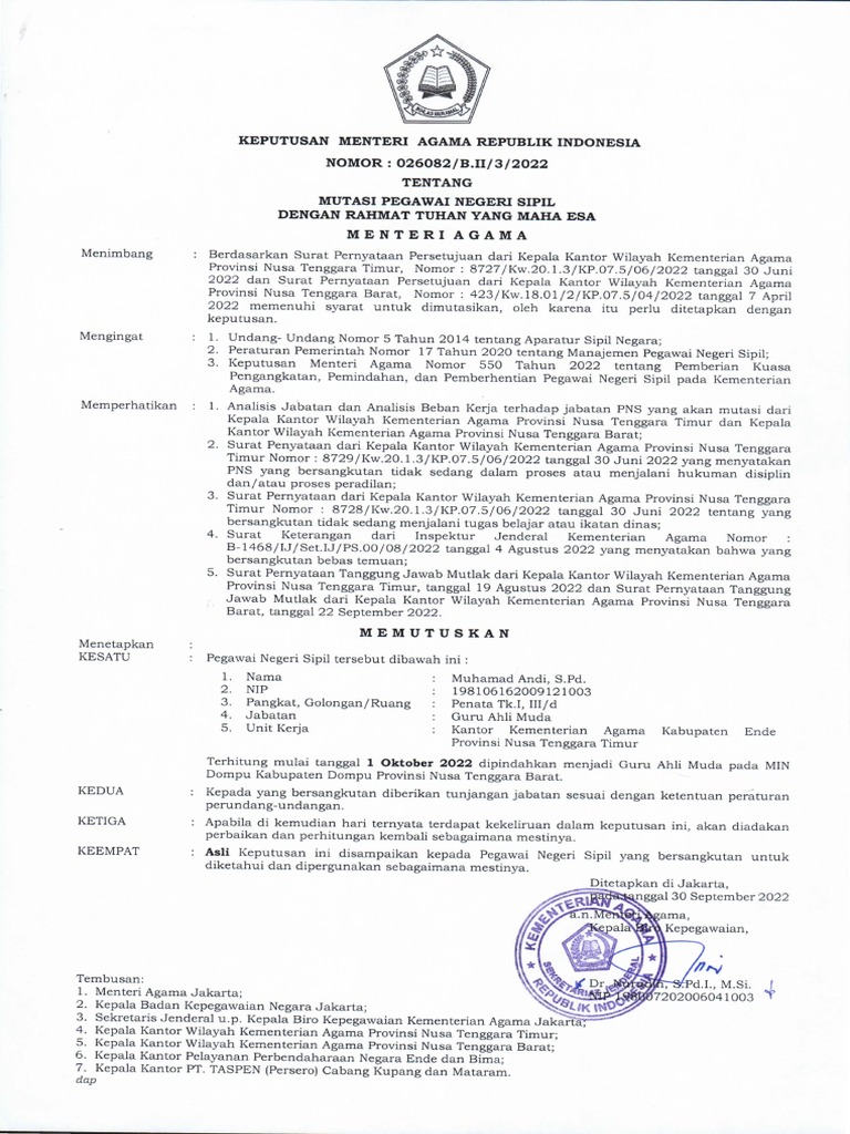 SK Mutasi Internal A.N. Muhamad Andi | PDF