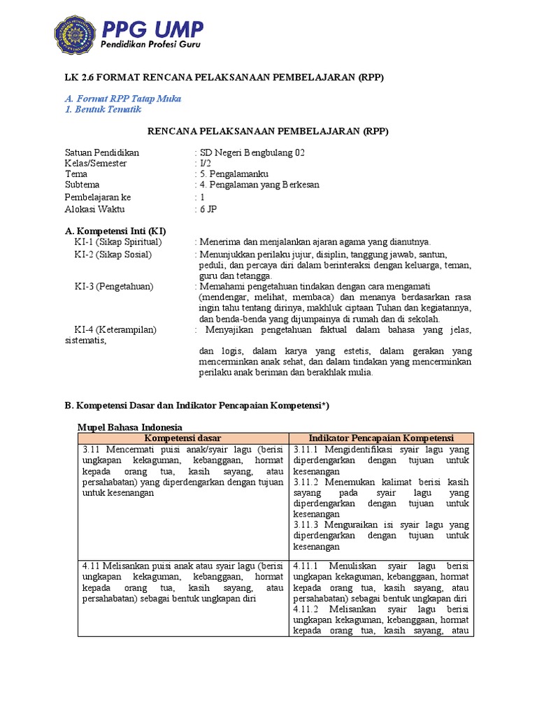 A. Format RPP Tatap Muka 1. Bentuk Tematik | PDF