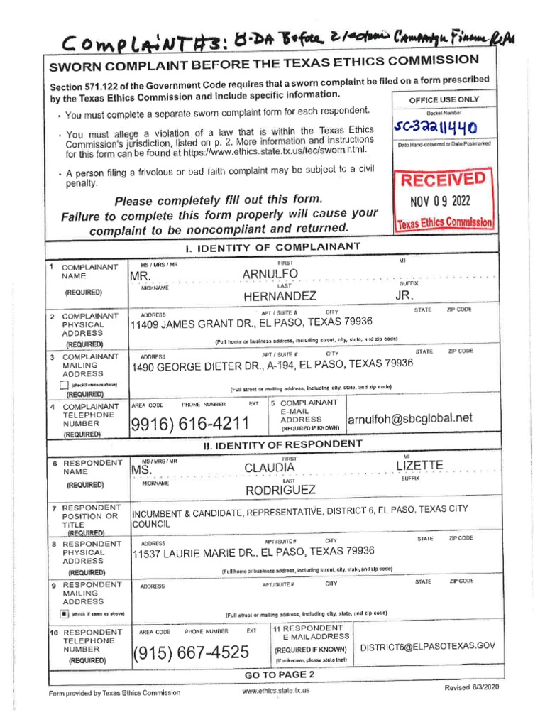 Sworn Complaint Before The Texas Ethics Commission | PDF