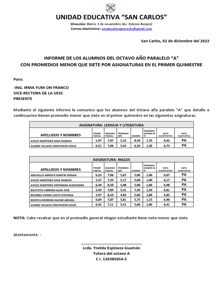 Informe de Estudiantes Connotas Menor | PDF