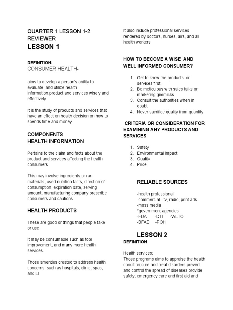 Quarter 1 Lesson 1-2 Reviewer | PDF | Health Care | Health Professional