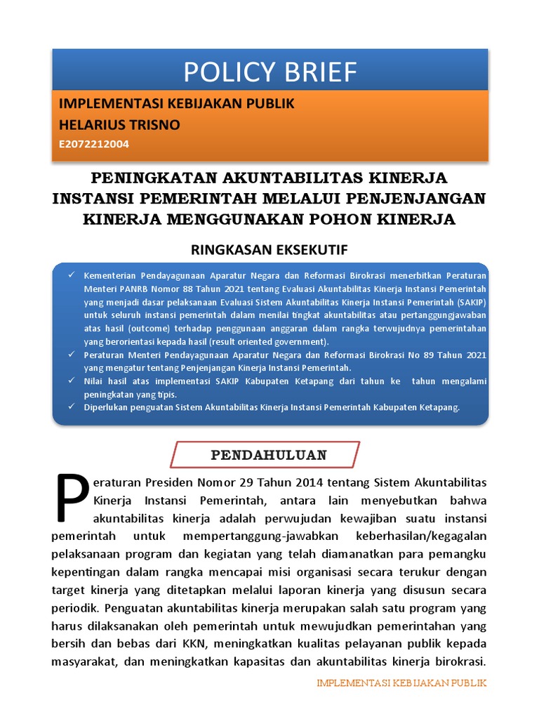 Policy Brief Tugas Mata Kuliah Implementasi Kebijakan Publik | PDF