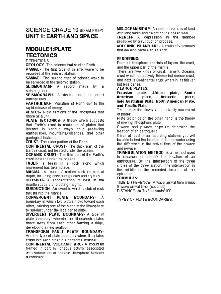 Science Grade 10 (Exam Prep) | PDF | Plate Tectonics | Earth