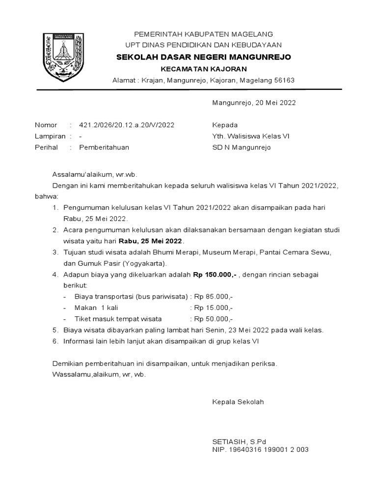 Surat Pemberitahuan Wisata | PDF