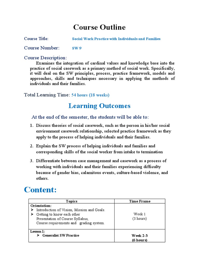 Course Outline SocialCase Work | PDF | Social Work | Theory