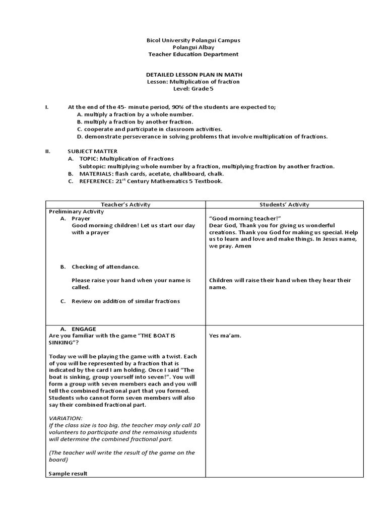 A Detailed Lesson Plan in Math 5 Sample | PDF | Multiplication | Cognition