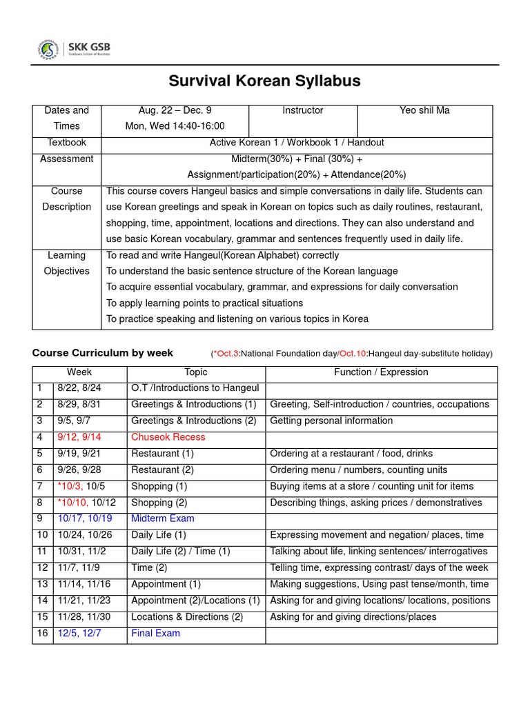 Korean Survival Syllabus | PDF | Korean Language | Cognition