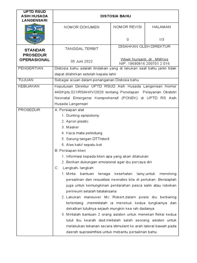 Sop Distosia Bahu | PDF