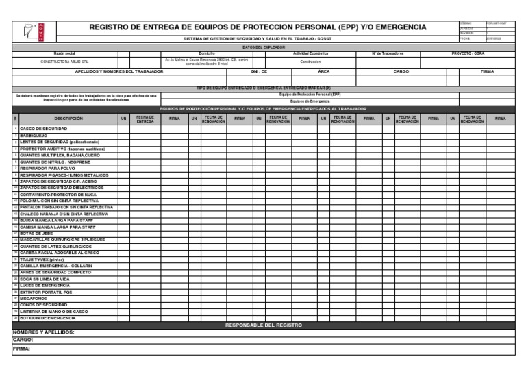 For - SST - 0047 Registro de Epp | PDF