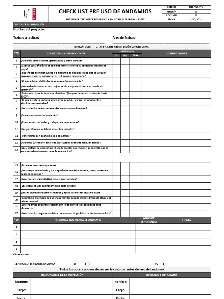 For-SST-015. Check List Pre Uso Andamios - USO - EFE | PDF | Andamio