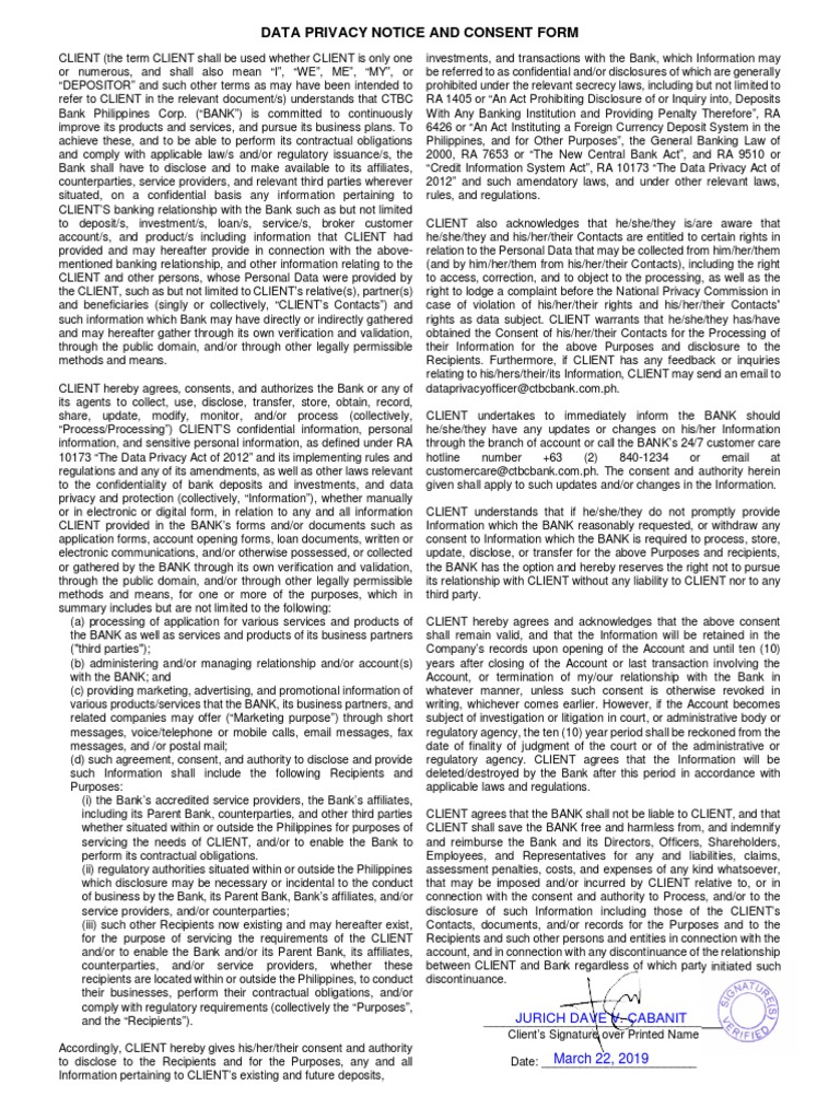 Data Privacy Notice and Consent Form | PDF | Banks | Privacy