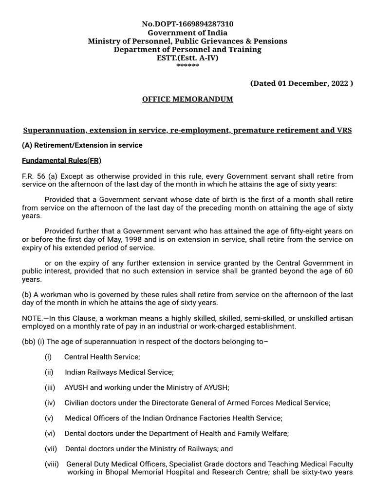 Superannuation, Extension in Service, Re-Employment, Premature ...