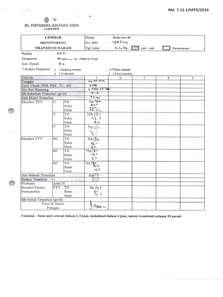 Contoh Lembar Monitoring Transfusi Darah | PDF