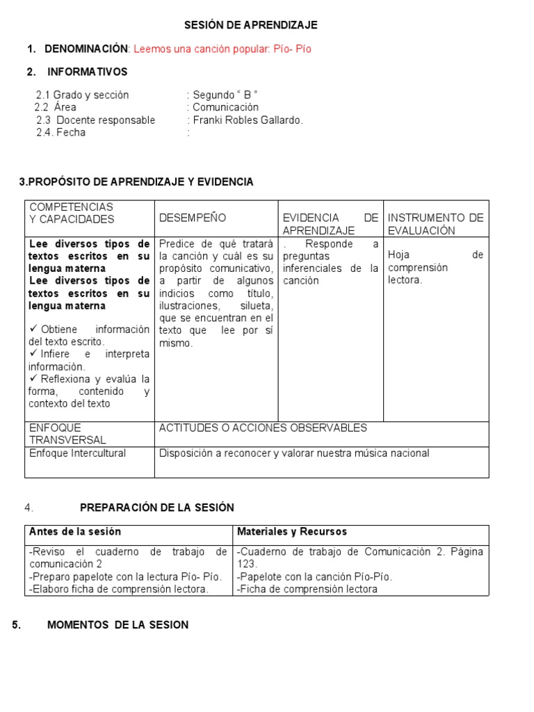 C-04!01!19 Leemos Una Canción Popular El Pío-Pío | PDF | Canciones | Comprensión lectora