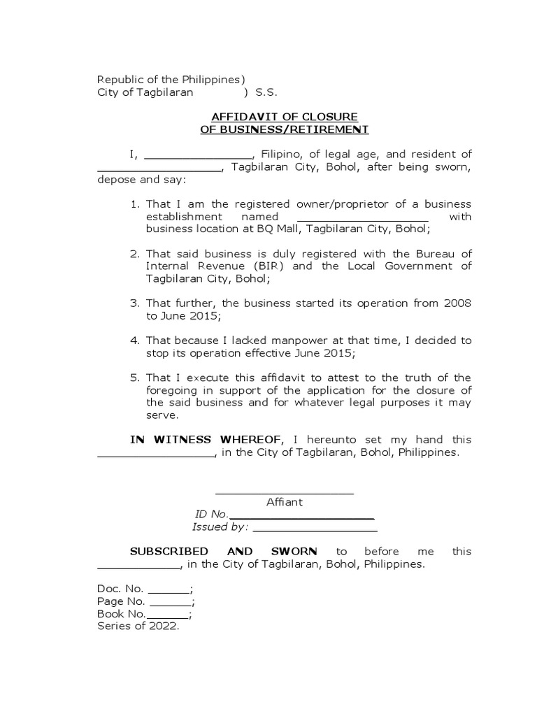 Affidavit of Closure of Business | PDF | Finance & Money Management | Law