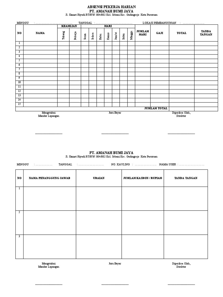 Contoh Format Absensi Pekerja Harian | PDF
