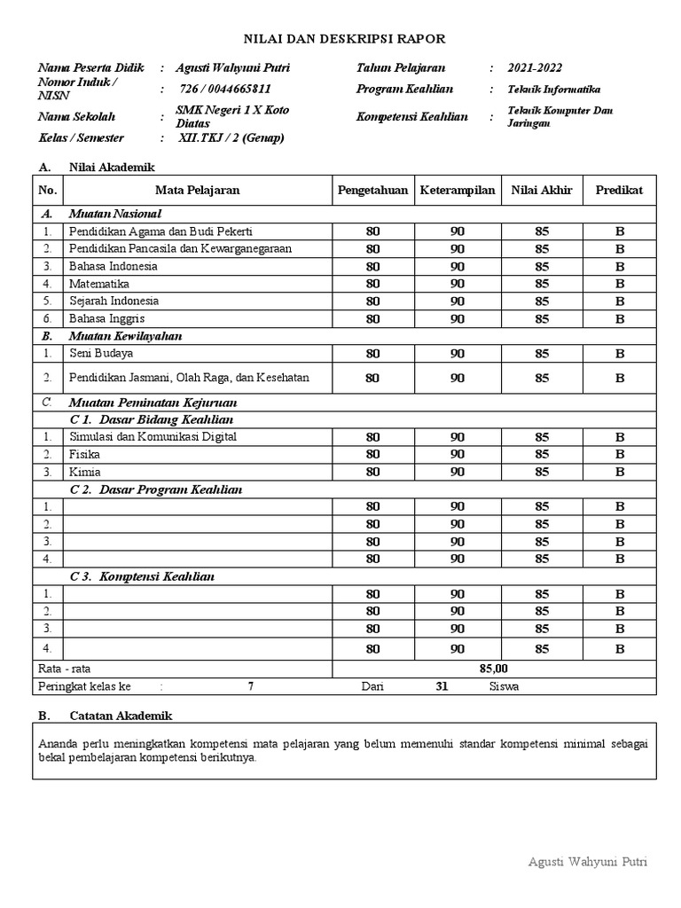 Rapor k13 Kelas X.TKR | PDF