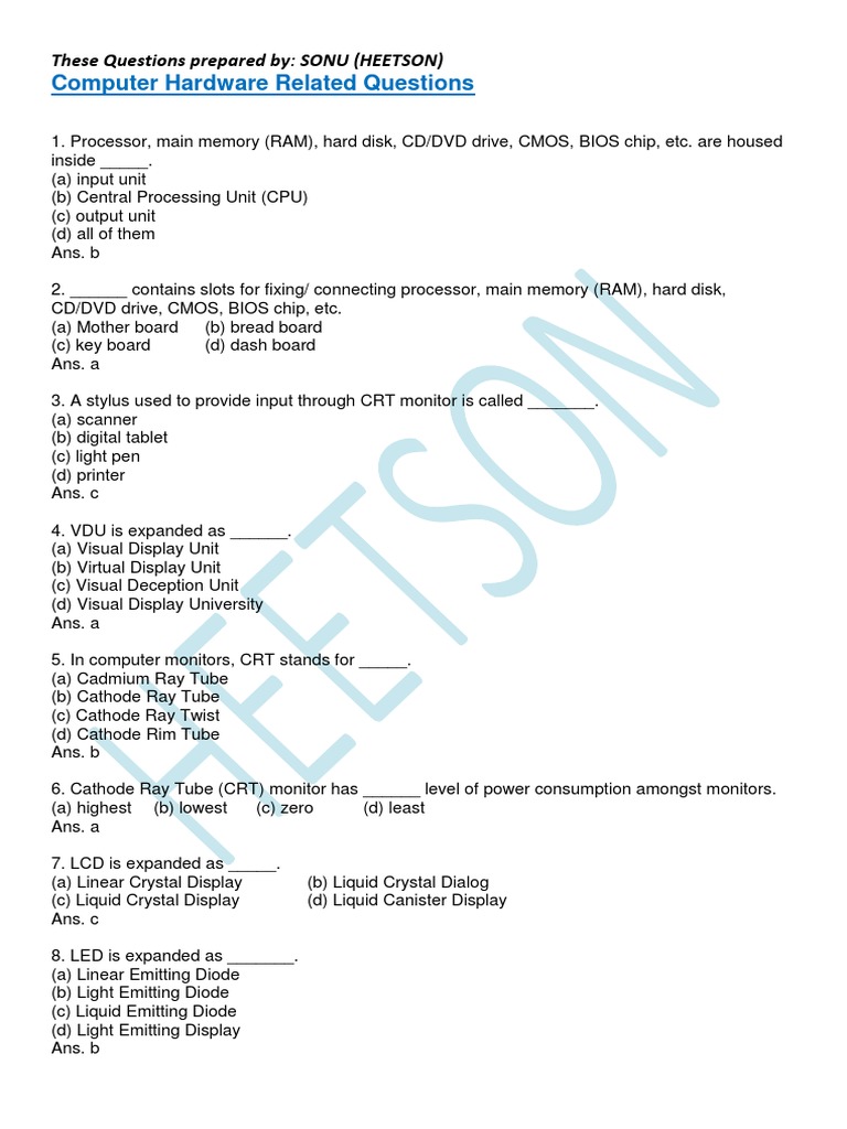 Computer Hardware Questions | PDF | Printer (Computing) | Computer Monitor
