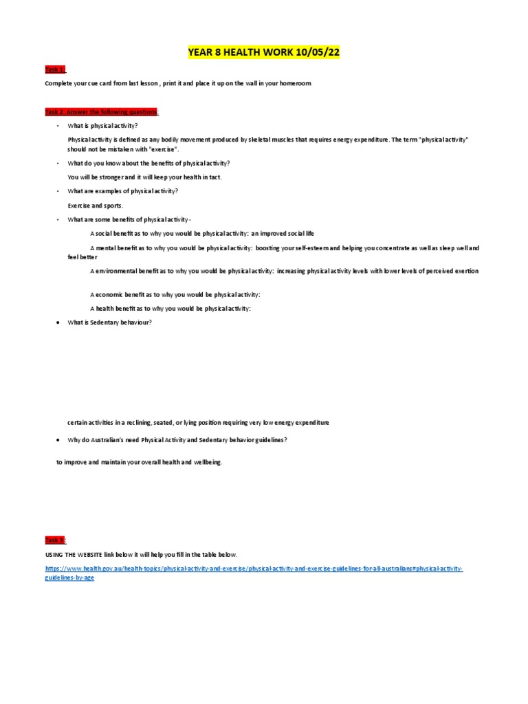 Year 8 Physical Activity Guidelines | PDF | Sedentary Lifestyle ...