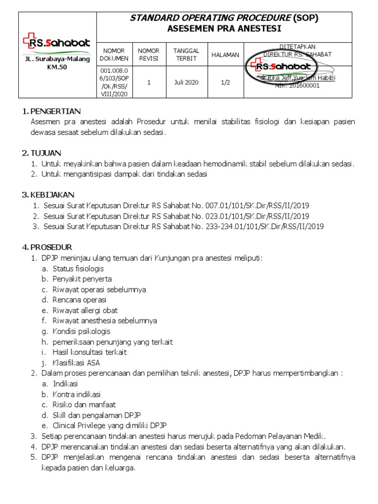 SOP Asesmen Pra Anestesi RS Sahabat | PDF