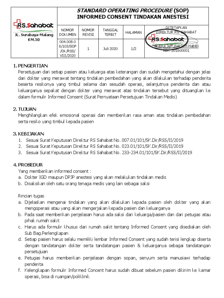 Sop Informed Consent Tindakan Anestesi | PDF