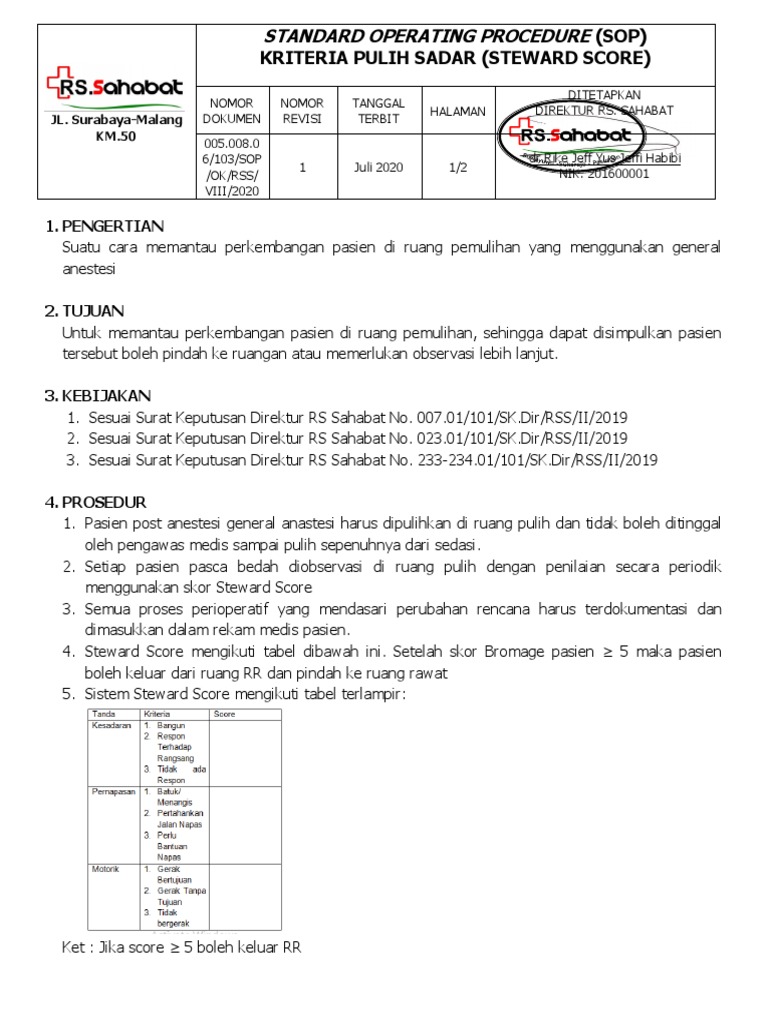 Sop Kriteria Pulih Sadar (Steward Score) | PDF