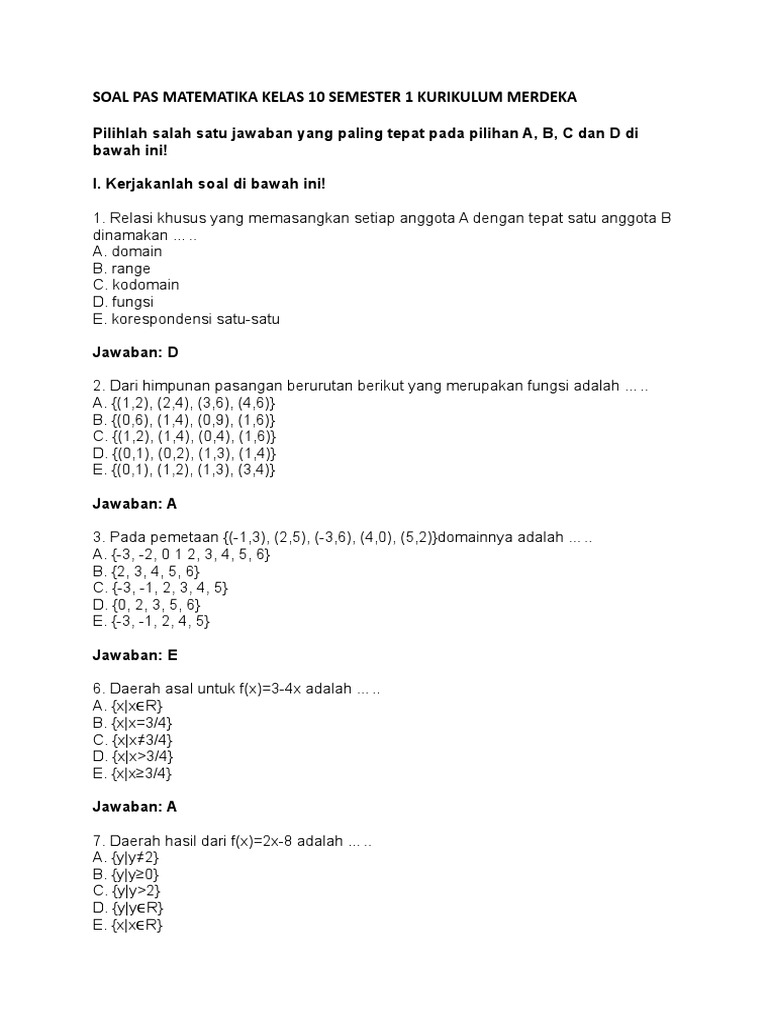 Soal Pas Matematika Kelas 10 Semester 1 Kurikulum Merdeka | PDF