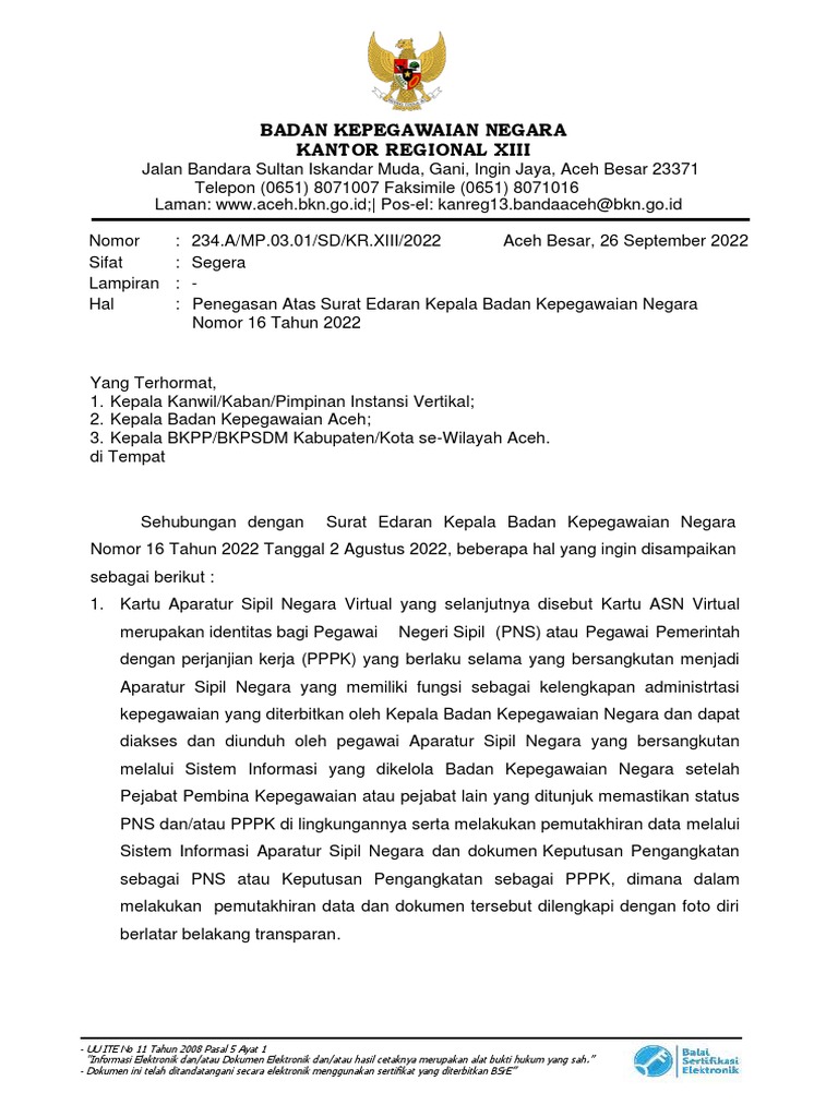 Penegasan Atas Surat Edaran Kepala BKN Nomor 16 Tahun 2022 | PDF