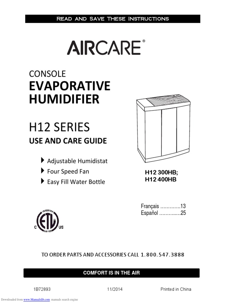 Aircare H12 Series Humidifier H12 300HB H12300 | PDF | Humidity | Water