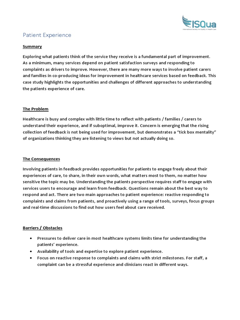 Case Study - Patient Experience | PDF | Patient | Experience