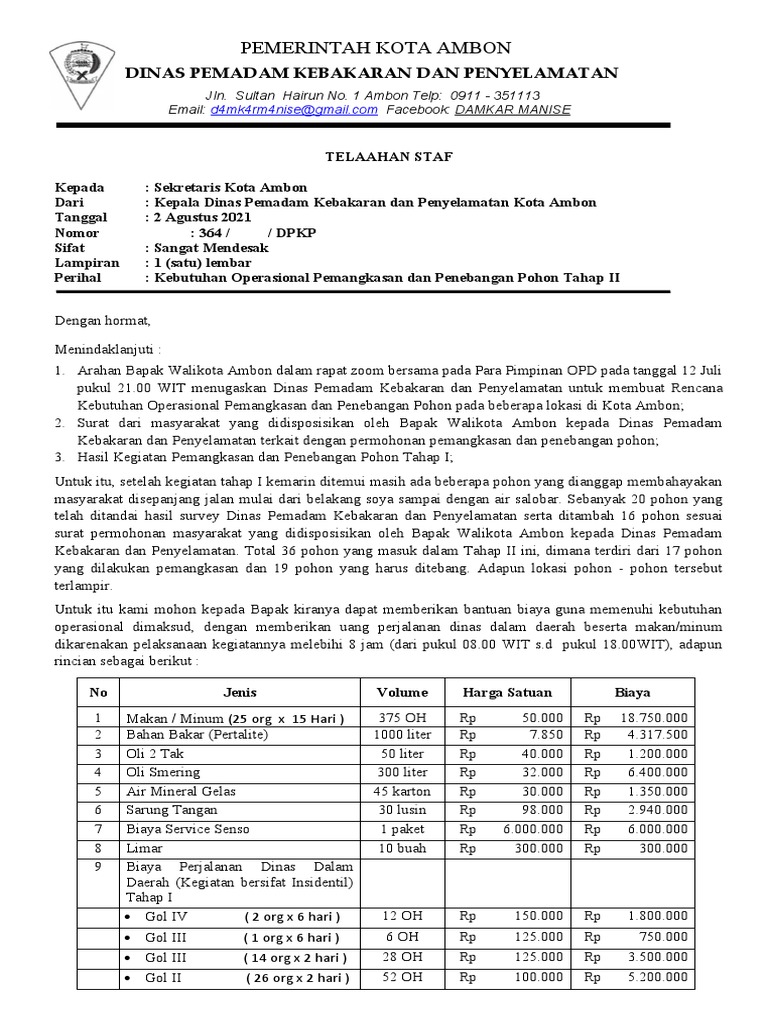 Telaahan Staf Kebutuhan Pemotongan Pohon Tahap II | PDF
