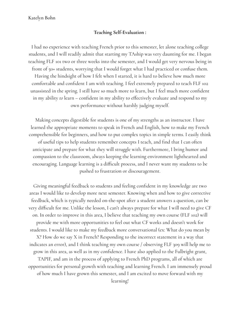 Teaching Self-Evaluation | PDF | Learning | Teaching