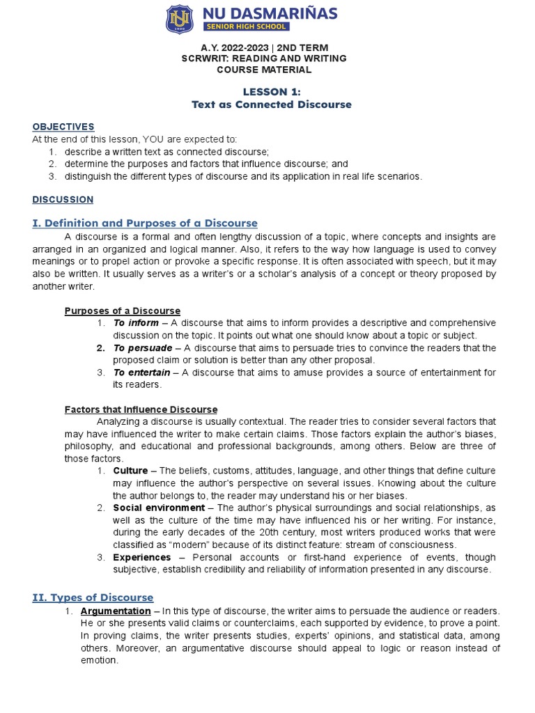 Understanding Discourse: Types, Purposes and Factors that Influence Written Communication | PDF ...