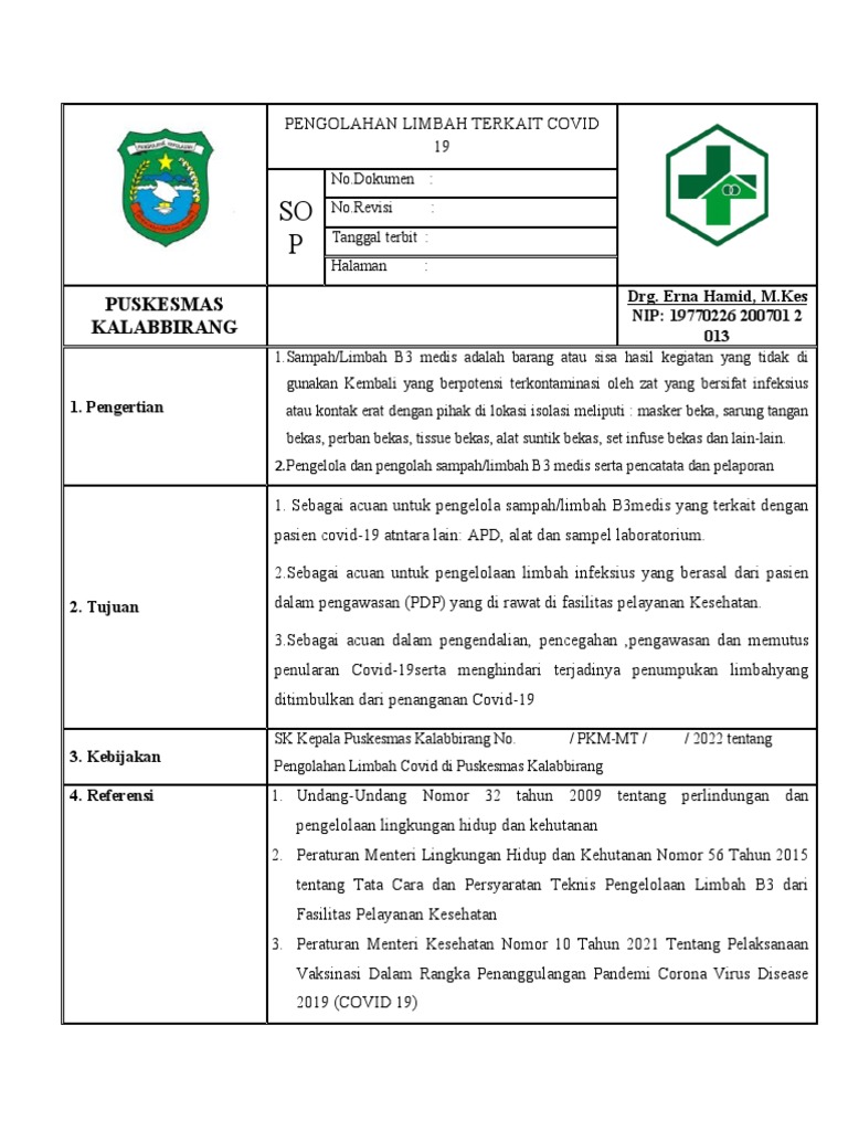 1 Sop Pengolahan Limbah Medis Dan Non Medis | PDF