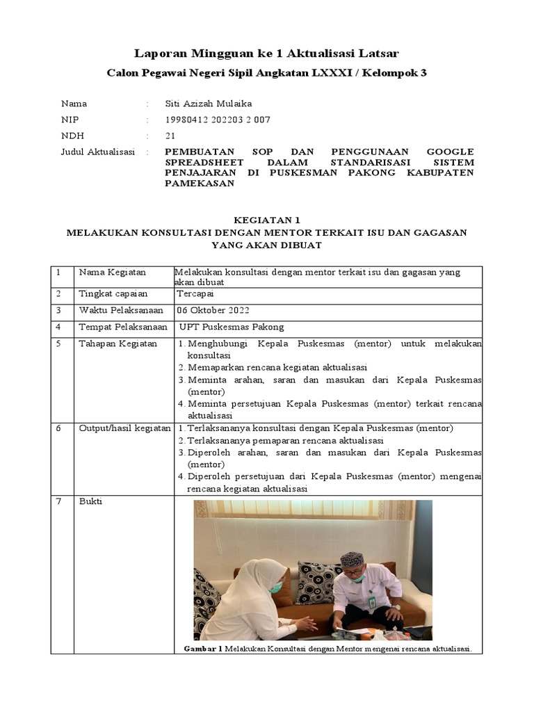 Laporan Mingguan Ke 1 Aktualisasi Latsar | PDF