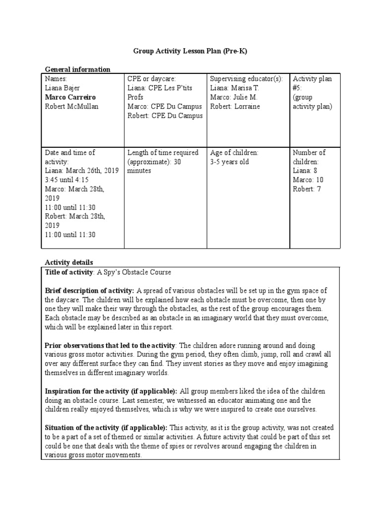 Group Activity Plan | Download Free PDF | Teachers | Language Development