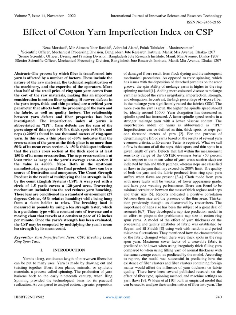 Effect of Cotton Yarn Imperfection Index On CSP | PDF | Yarn | Spinning ...