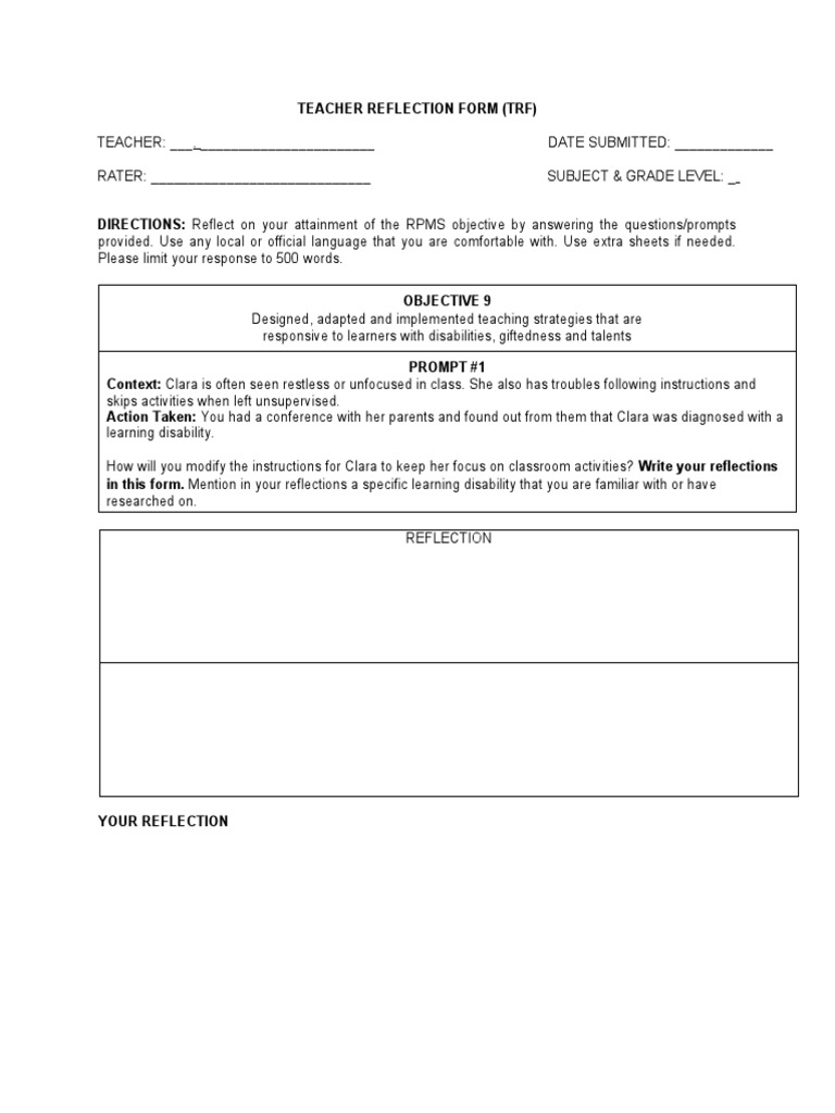 Teacher Reflection Form | PDF | Educational Assessment | Learning