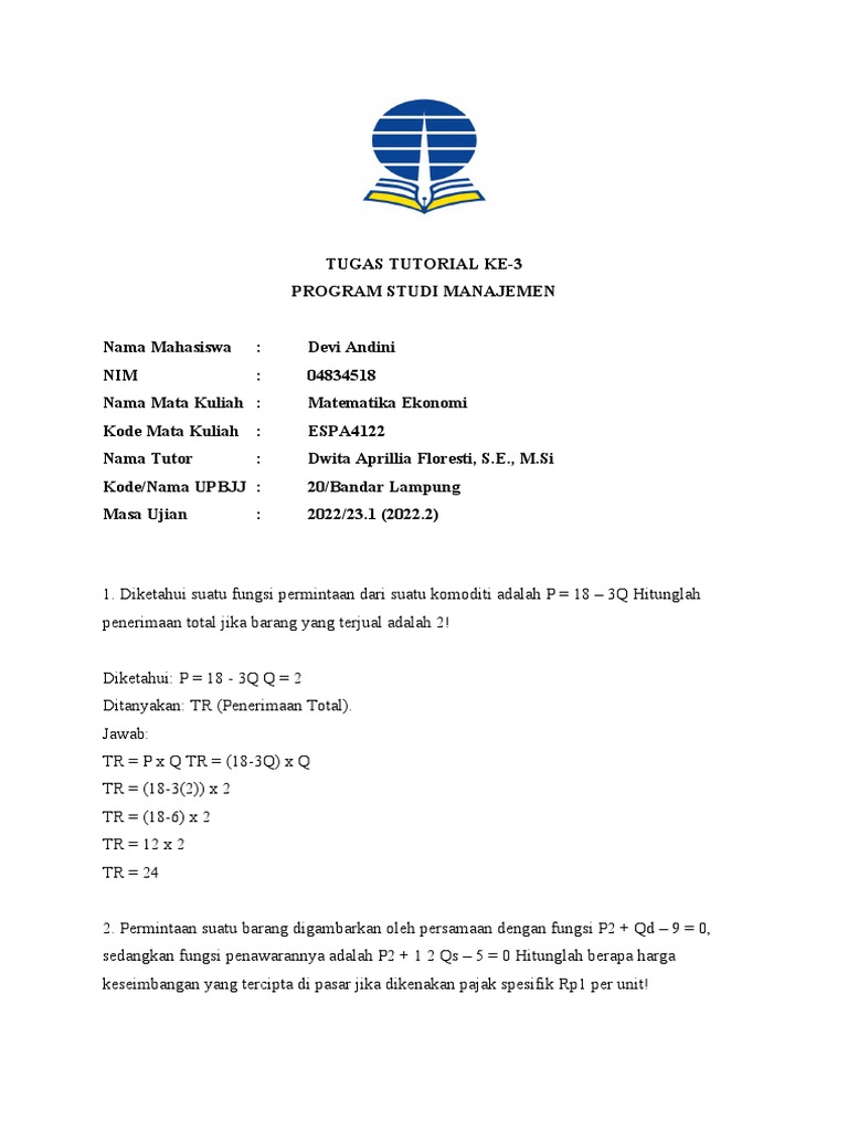 TUGAS 3 - Devi Andin - MTK Ekonomi | PDF | Metode & Bahan Ajar