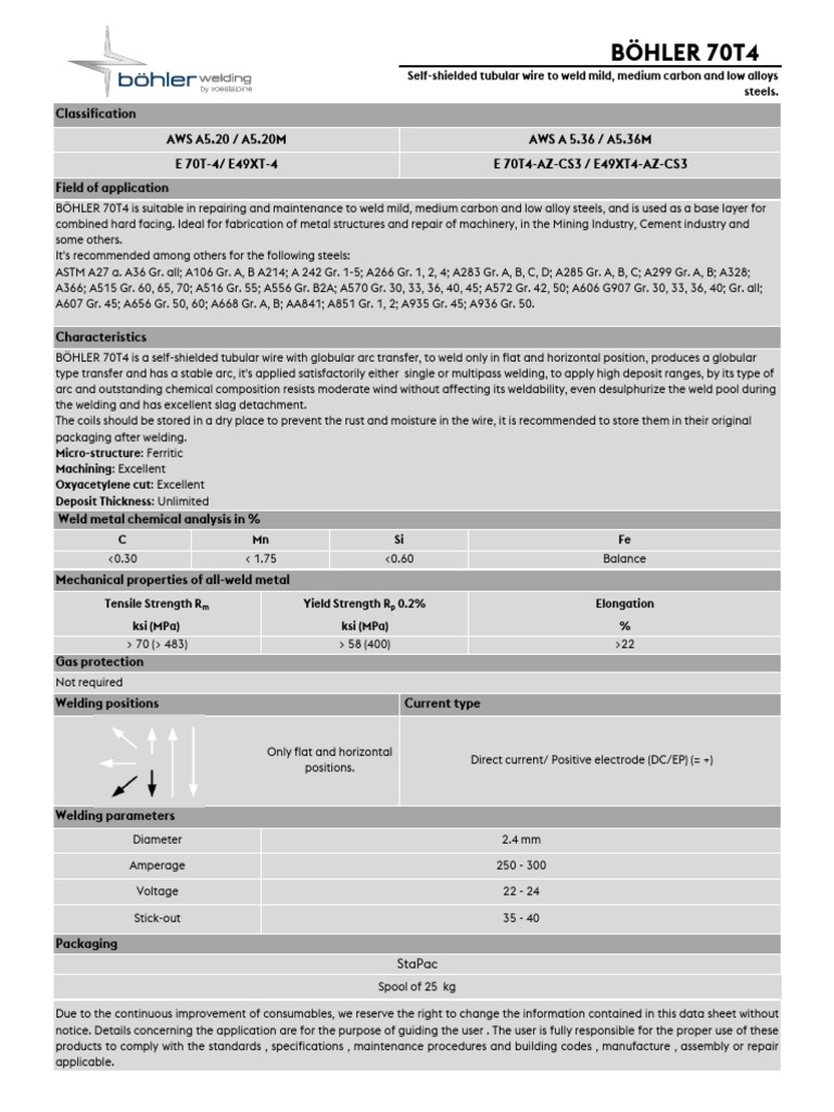 BÖHLER 70T4 Welding Wire Overview | PDF | Construction | Welding