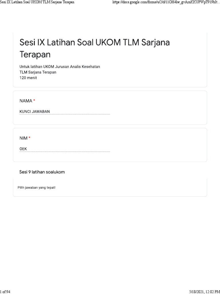(Sesi 9) Latihan Soal UKOM TLM D4 | PDF