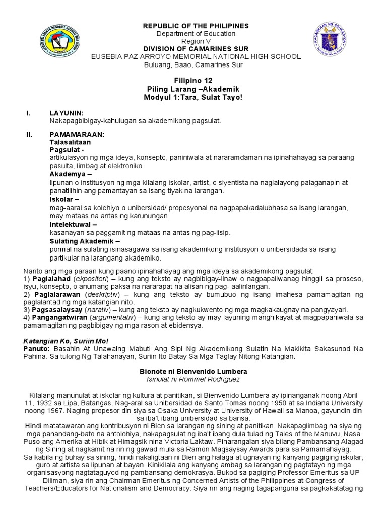 Filipino 12 Piling Larang - Akademik Modyul 1:tara, Sulat Tayo! | PDF