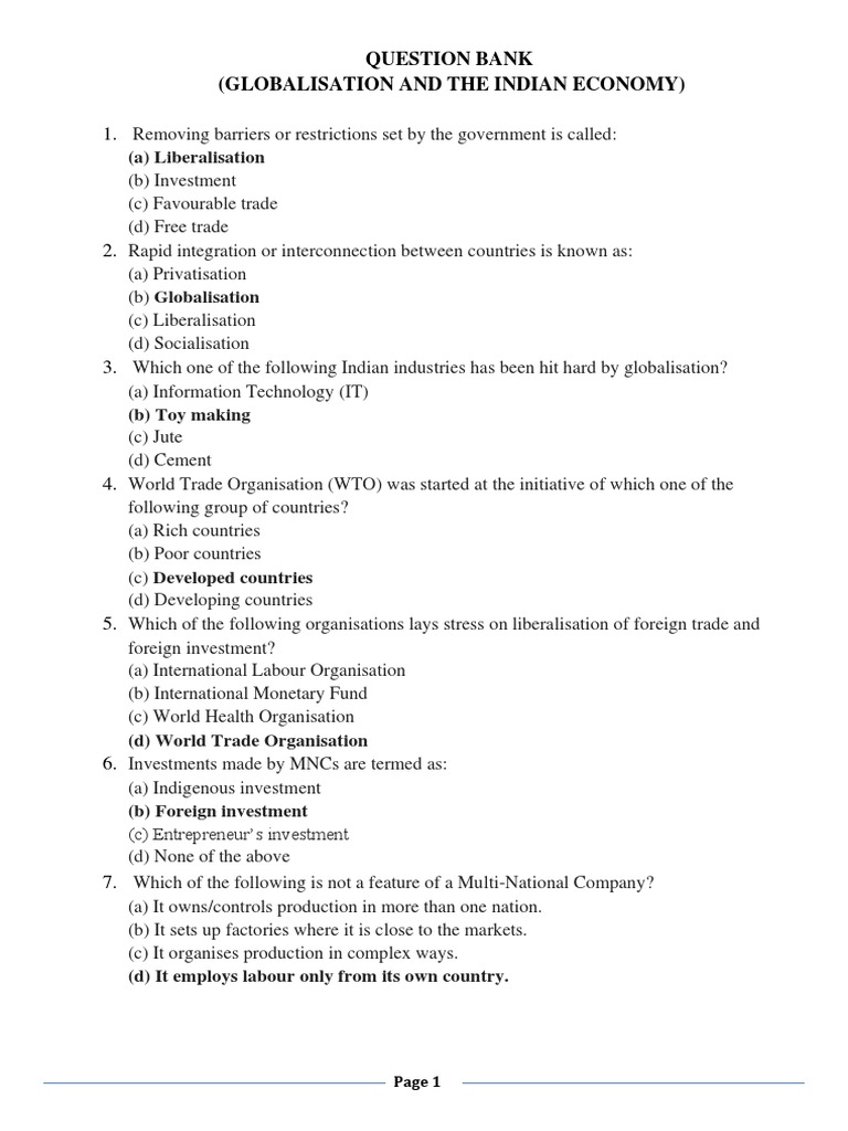 Question Bank Globalisation and The Indian Economy | PDF ...